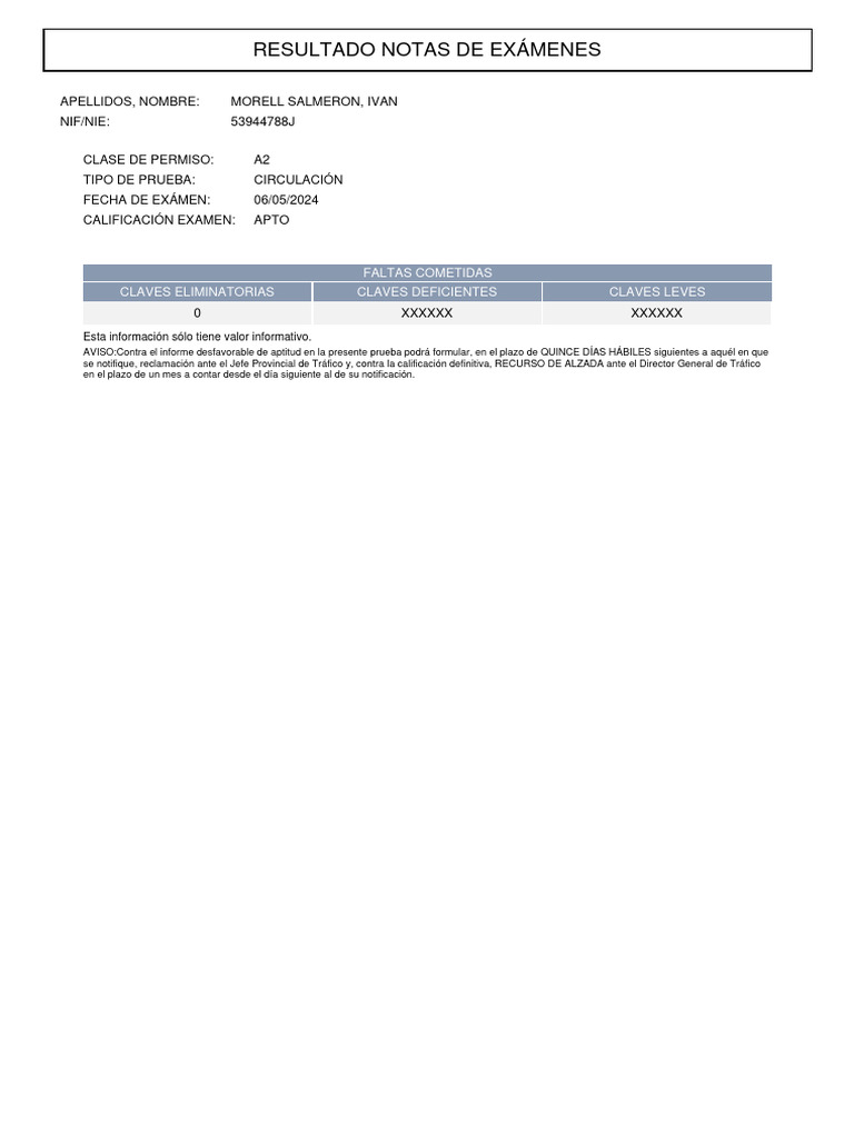 Claves y Resultados Examen DGT A2 | PDF