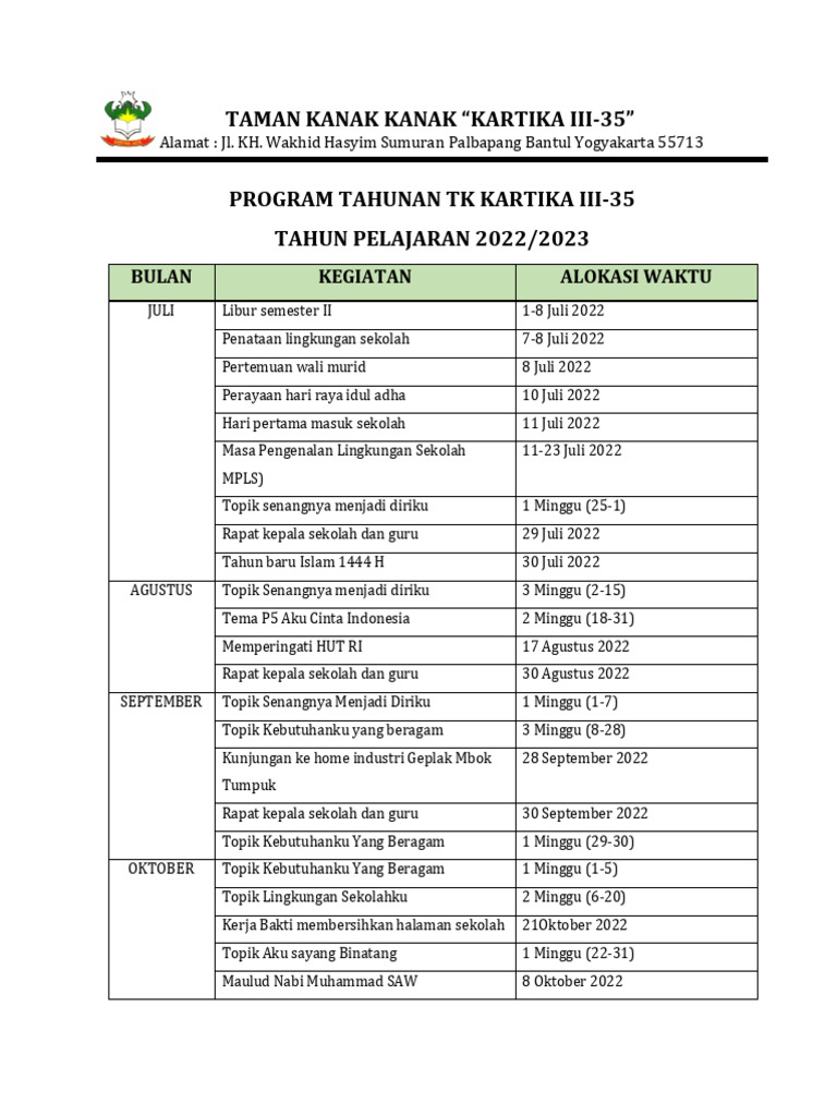 Program Tahunan Dan Jadwal Kegiatan - TK Kartika III-35 | PDF