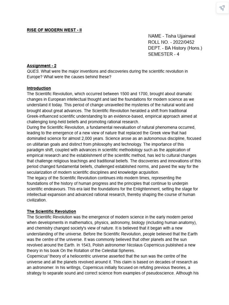 Mod West Assignment 2 | PDF | Science | Scientific Revolution