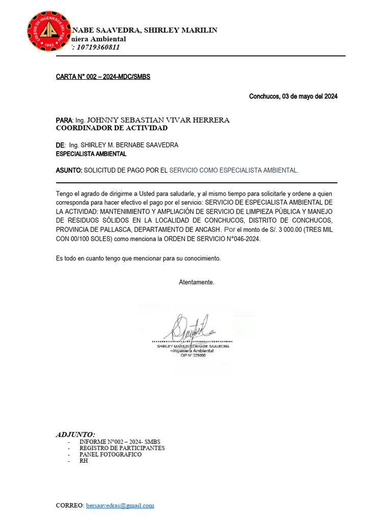 Carta 1. Informe de Bernabe Saavedra Shirley | PDF | Ciencias de la Tierra | Entorno natural