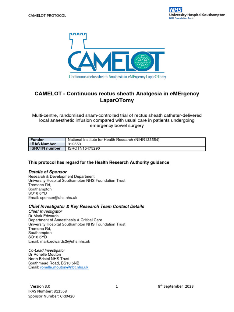 CAMELOT Protocol V3.0-Clean | PDF | Surgery | Pain Management