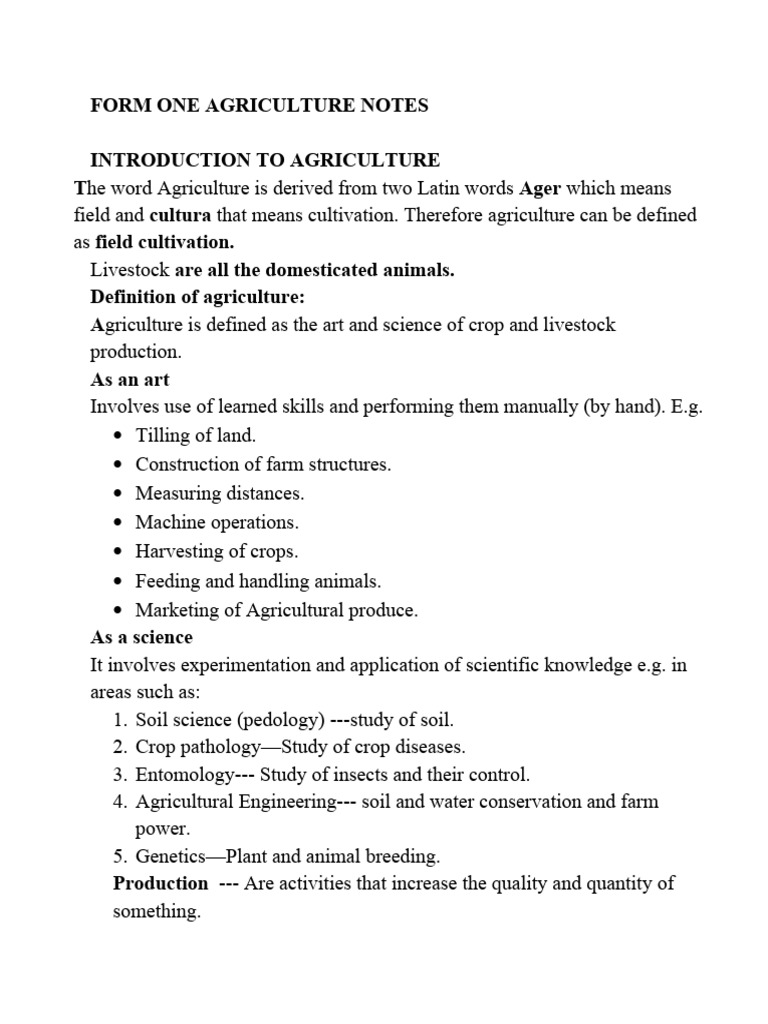 Form 1 Agriculture Overview Notes | PDF | Soil | Agriculture