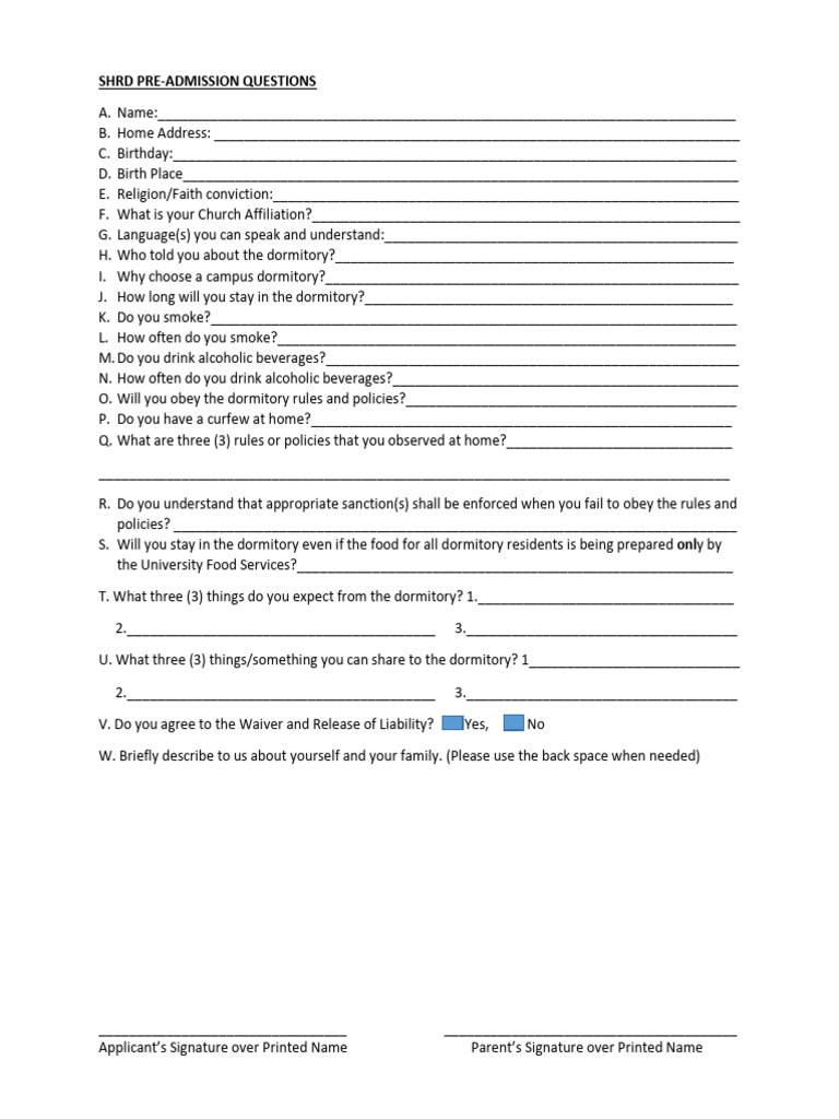 SHRD Dormitory PRE ADMISSION Questions | PDF