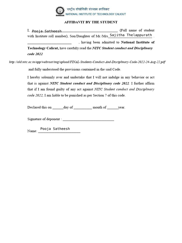 NIT Calicut Student Affidavit Template | PDF | Career & Growth