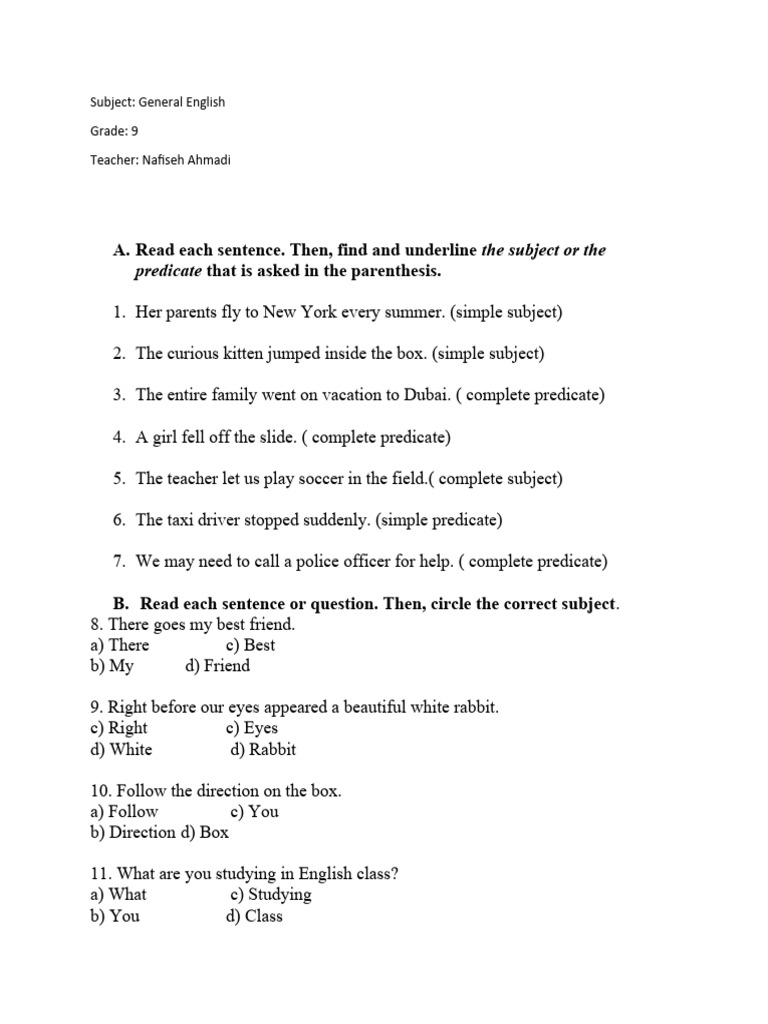 A. Read Each Sentence. Then, Find and Underline The Subject or The | PDF | Preposition And ...
