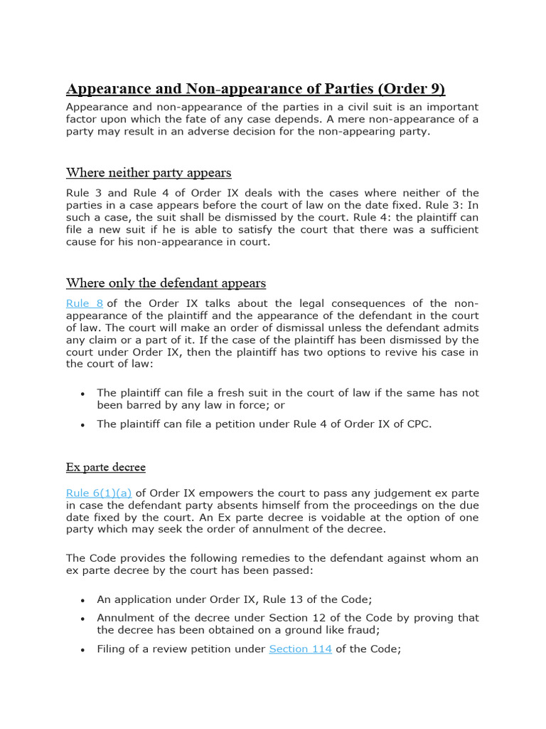 Appearance and Non Appearance of Parties | PDF | Lawsuit | Ex Parte
