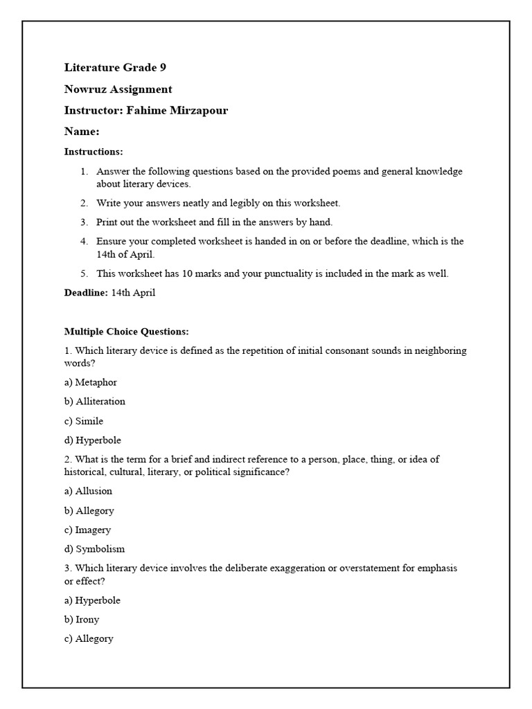 Homeworks - 37704 - 1 - Literature Grade 9-Nowruz Assignment 3 | PDF ...