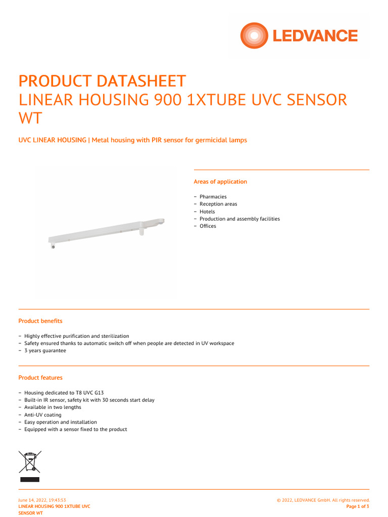 LINEAR HOUSING 900 1XTUBE UVC SENSOR WT en | PDF | Ultraviolet | Mains ...
