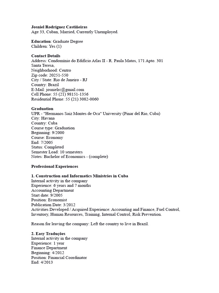 CV Josniel Rodríguez Castiñeiras - English | PDF | Cuba | Economies