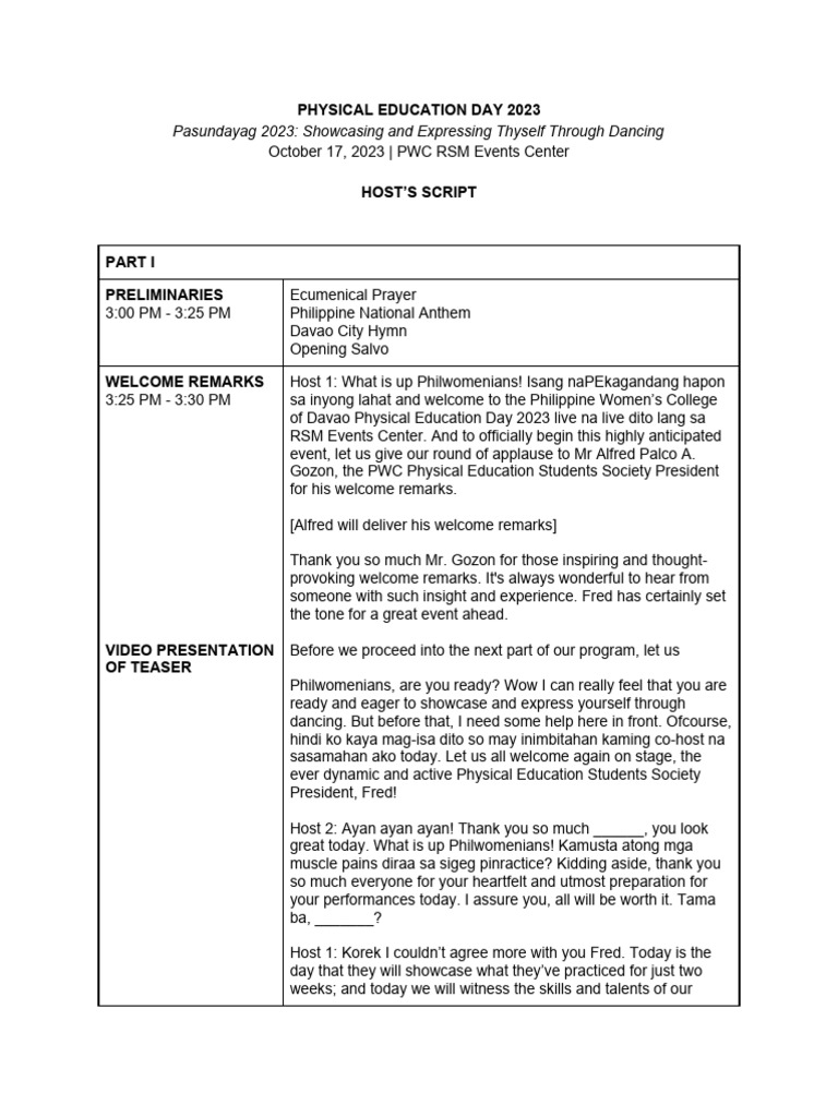 Pe Day 2023 Host Script | Download Free PDF | Dances | Performing Arts