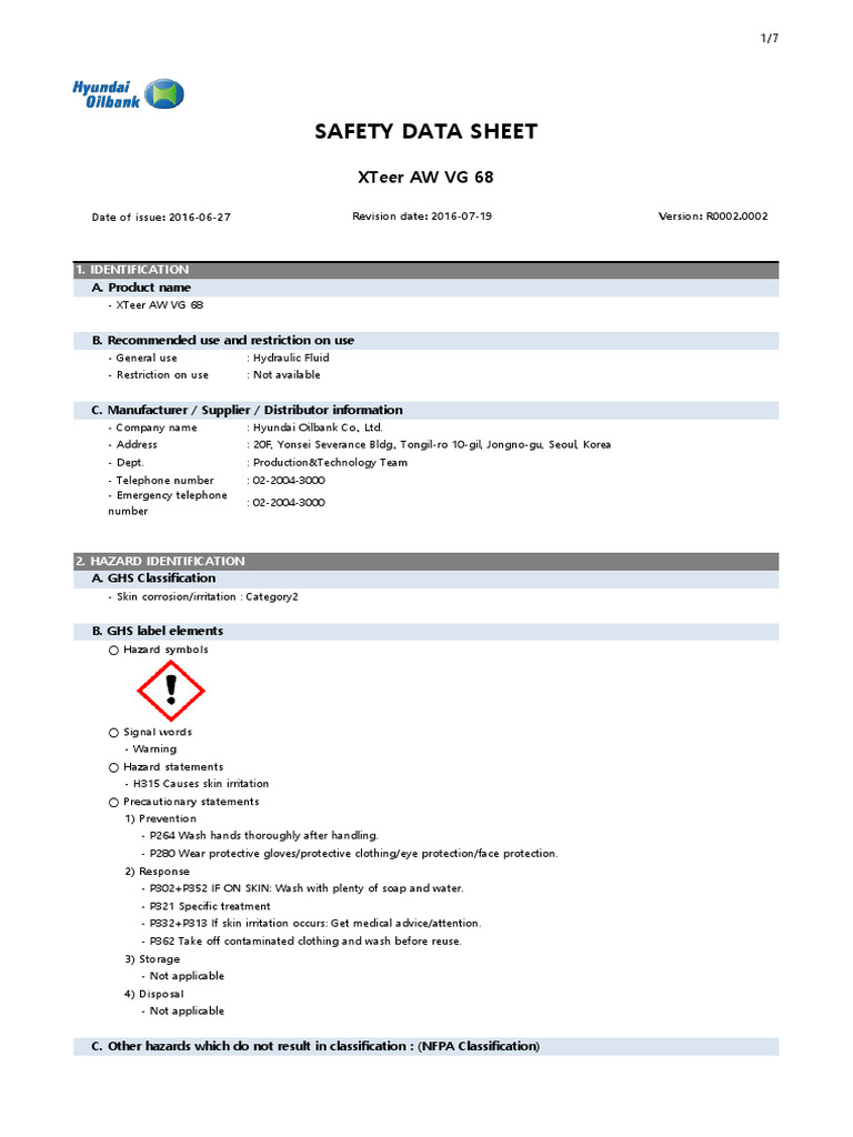 MSDS - Hyd Aw 68 | PDF | Dangerous Goods | Safety
