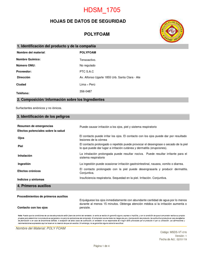 Hoja de Seguridad POLY FOAM MSDS-VT-016 | PDF | Agua | Información
