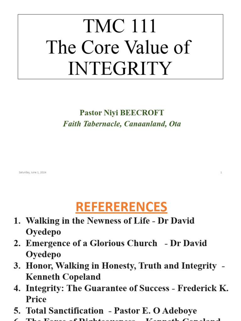TMC 111 Core Value of Integrity 231106 | PDF | Integrity | Religious ...