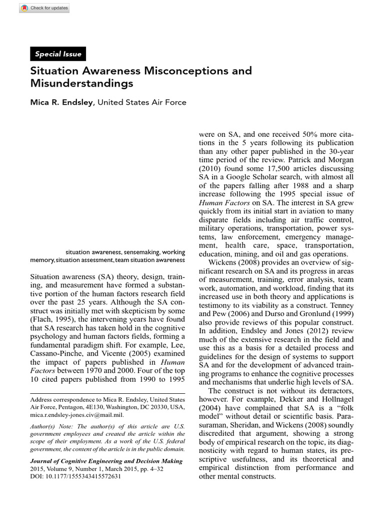 Endsley 2015 Situation Awareness Misconceptions and Misunderstandings ...
