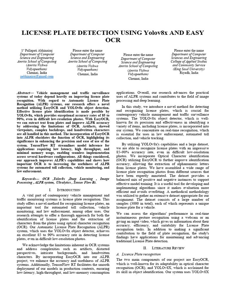 License Plate Detection Using Yolov8X and Easy OCR: Abstract | PDF | Optical Character ...