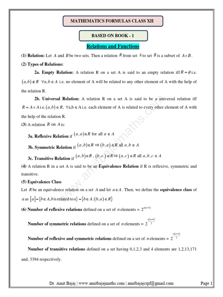 Class Xii Formula List (Based On Book-1 by Dr. Amit Bajaj) | PDF | Function (Mathematics ...