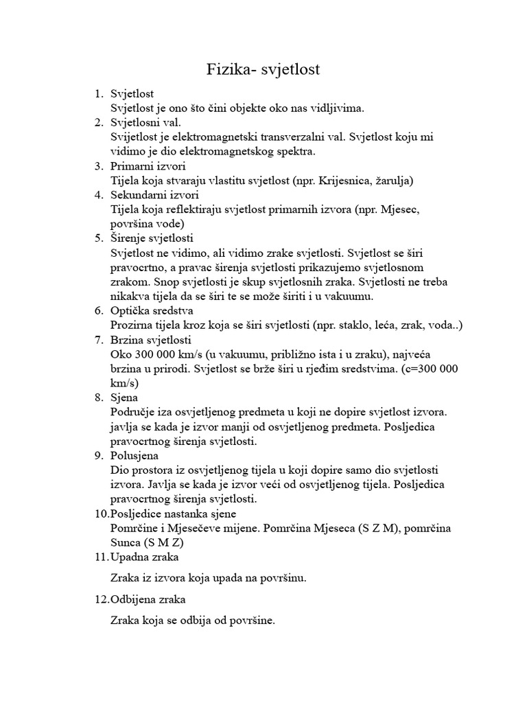 Fizika - Svjetlost | PDF