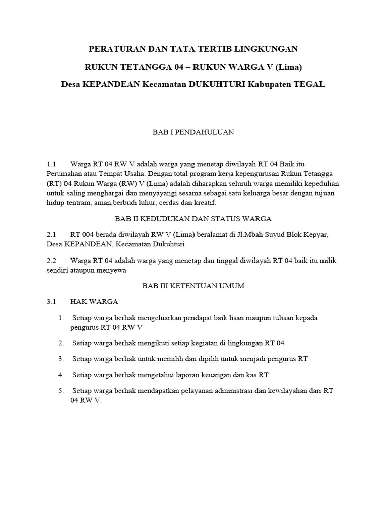 Tata Tertib Warga Rt 04 Rw V Pdf