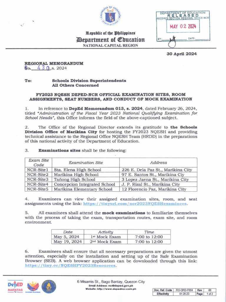 RM No 430 S. 2024 Fy 2023 Nqesh Deped NCR Official Examination Sites ...