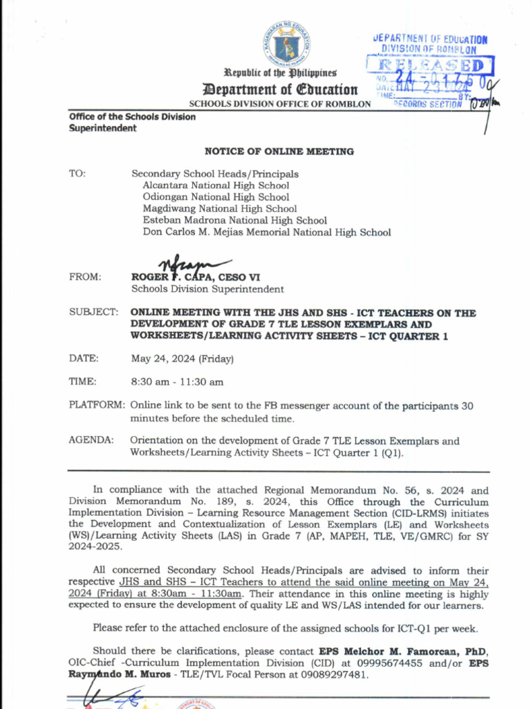 Online Meeting JHS SHS ICT Teachers Grade 7 TLE Activity Sheets ICT ...