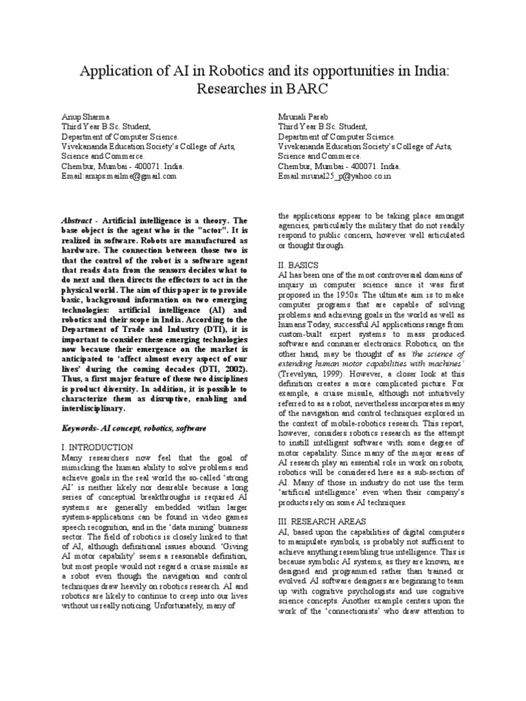 Research Paper On Ai In Robotics Artificial Intelligence Technology