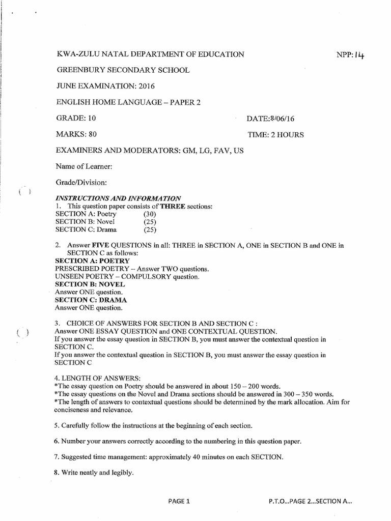 2016 Eng p2 June Qpmemo 1 | PDF