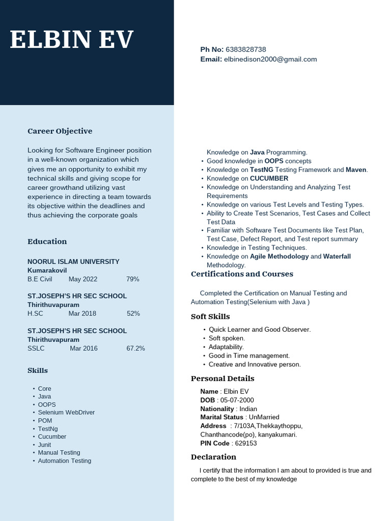 Elbin EV Resume | PDF | Software Testing | Selenium (Software)