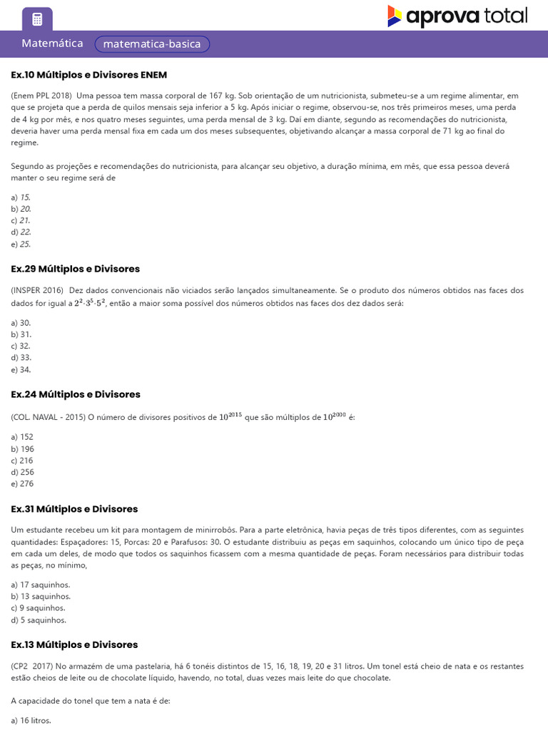 Aprova Total Multiplos e Divisores | PDF | Ano | Calendário