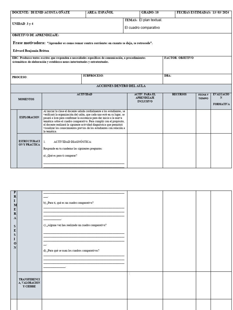 Formato de Planeacion de Una Clase Grado 10 Di Enid (2024) | PDF | Aprendizaje | Modificación de ...