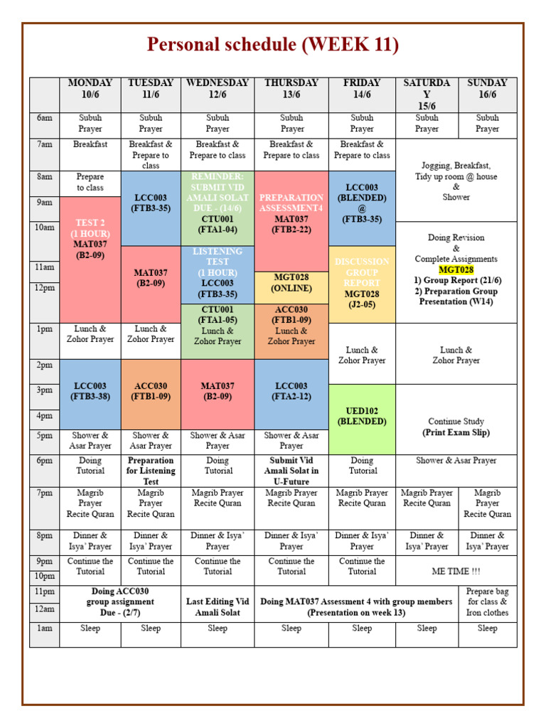 Weekly Personal Schedule Overview | PDF | Prayer