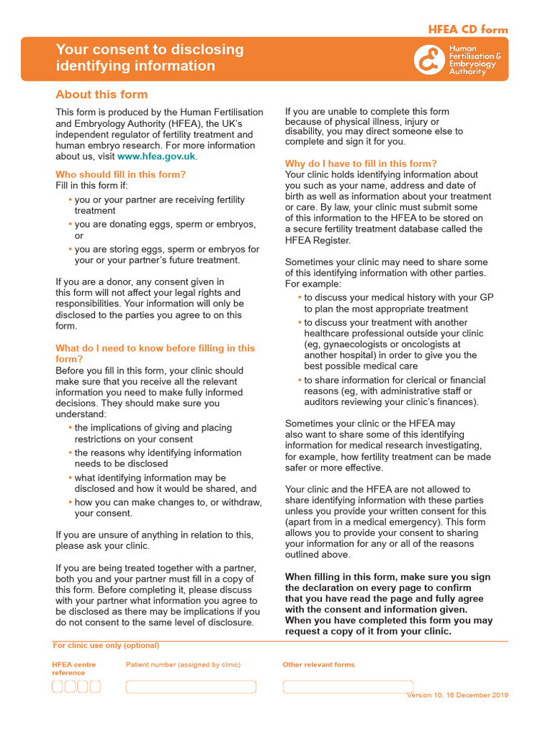 HFEA Consent Form for Fertility Treatment | PDF | Informed Consent ...