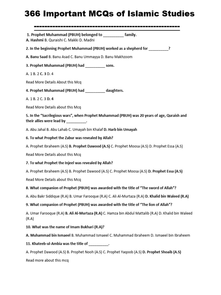 366 Important MCQs of Islamic Studies | PDF | Muhammad | Hajj