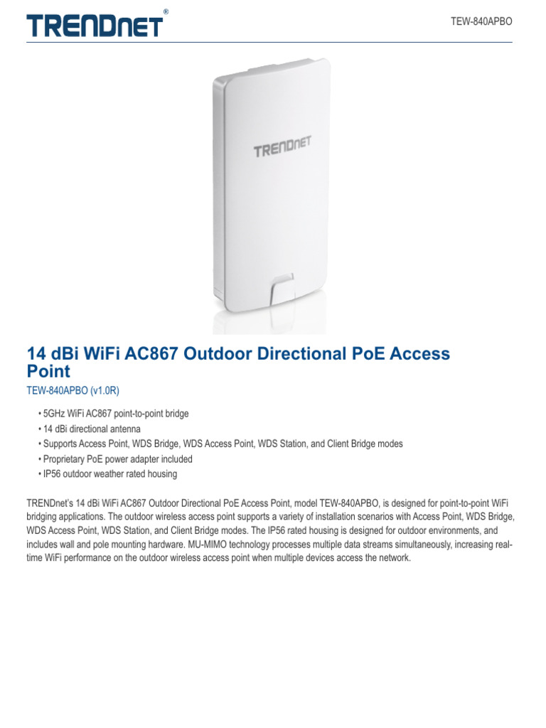 14 dBi WiFi AC867 Outdoor Access Point | PDF | Wireless Access Point | Wi Fi