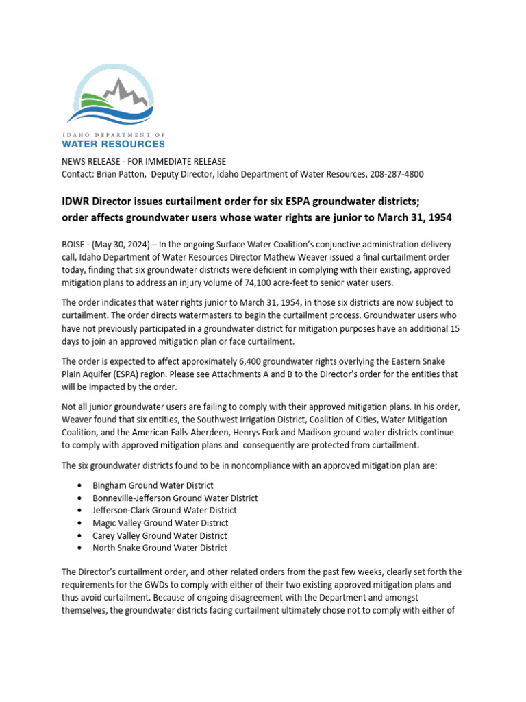 IDWR Director Issues Curtailment Order For 6 Groundwater Districts ...