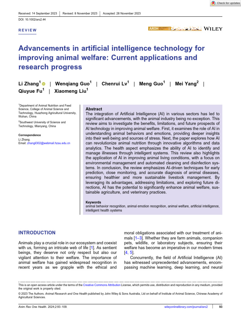 Animal Research and One Health - 2023 - Zhang - Advancements in Artificial Intelligence ...