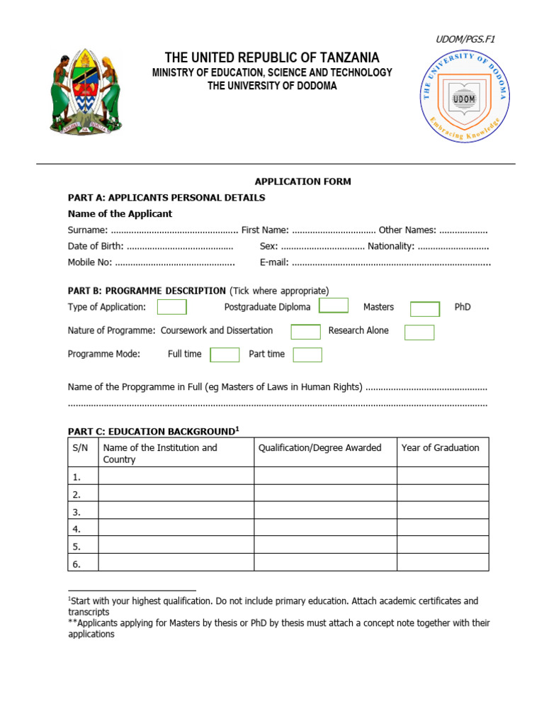 Application Form UDOM PGS.F1 | PDF | Postgraduate Education | Thesis