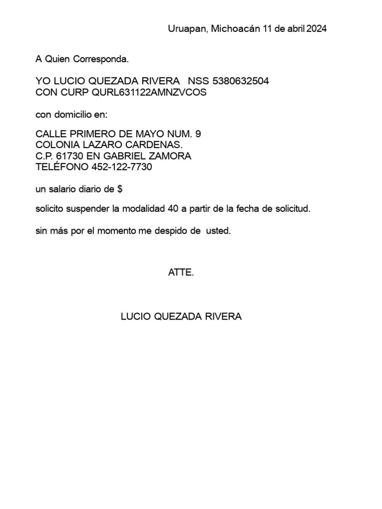 Solicitud Suspensión Modalidad 40 | PDF