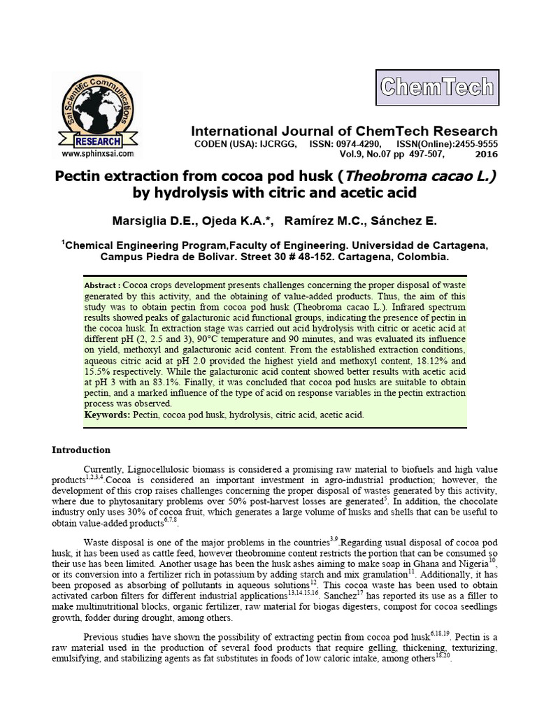 Pectin Extraction From Cocoa Pod Husk (Theobroma Cacao L.) | PDF | Ester | Cocoa Bean
