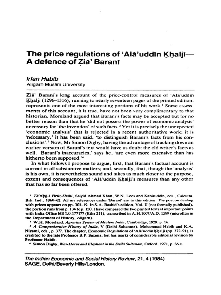 Price Regulations of Alauddin Khalji A Defence of Zia Barani | PDF
