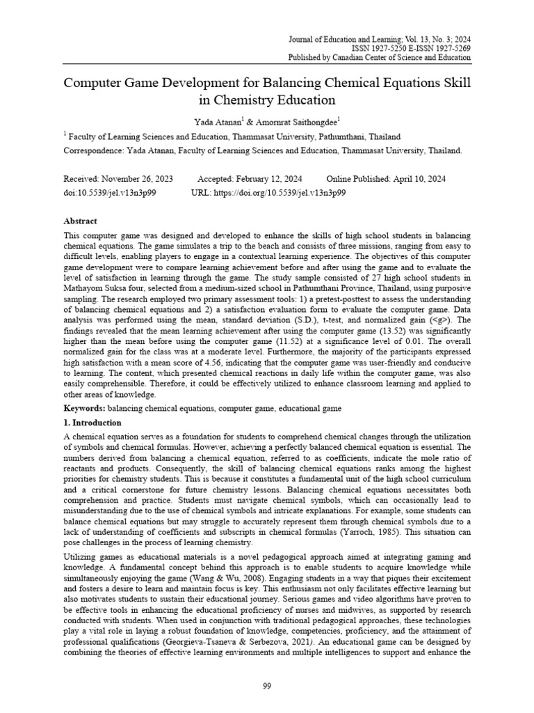 Computer Game Development For Balancing Chemical E | PDF | Learning ...