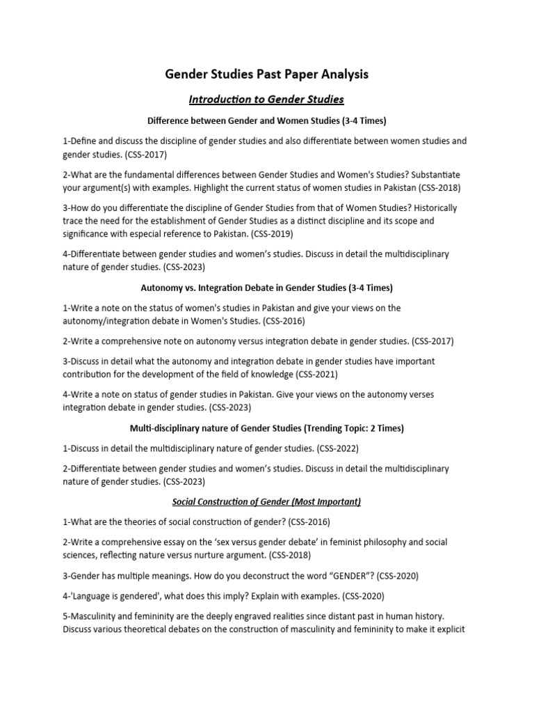 Gender Studies Past Paper Analysis | PDF | Feminism | Gender Studies