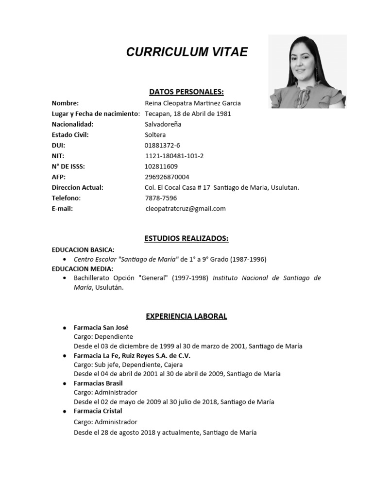 Curriculum Vitae Reina Cleopatra Martinez de Cruz | PDF