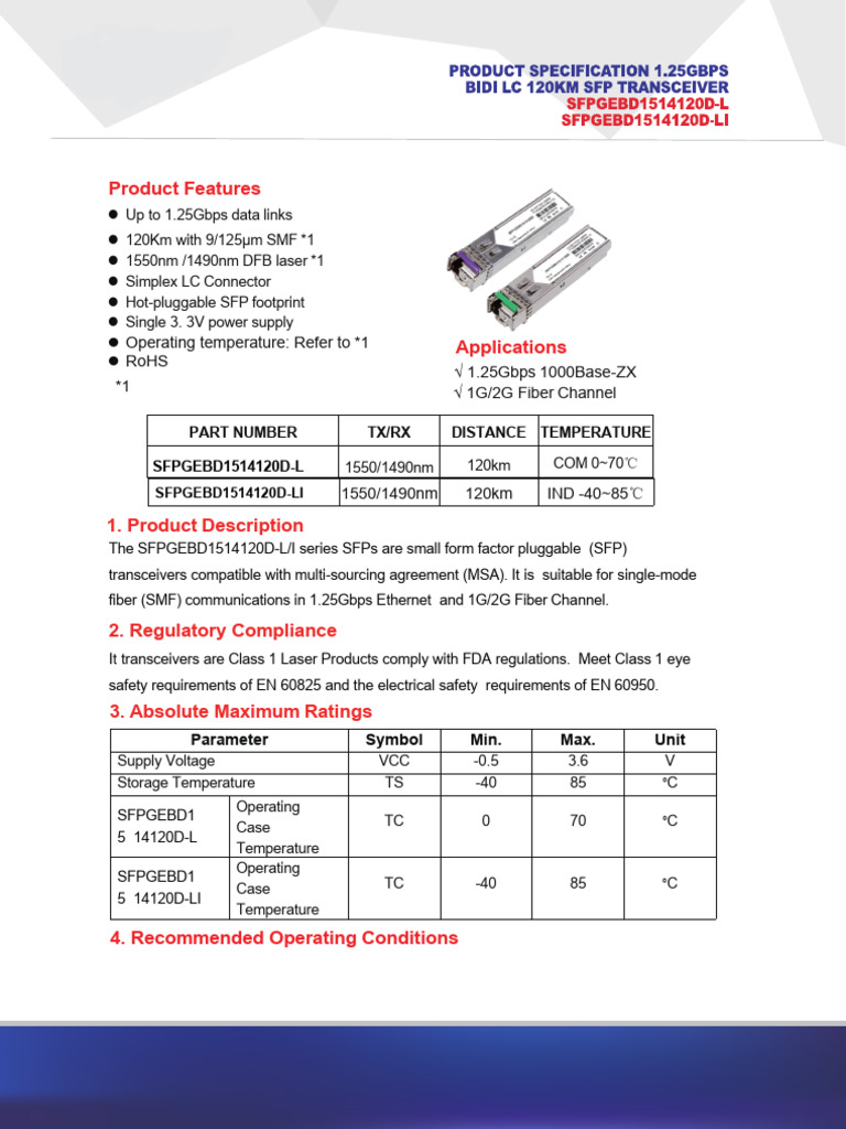 SFP 1.25G Bidi TX15501490NM 120KM LC | PDF | Telecommunications | Computer Engineering