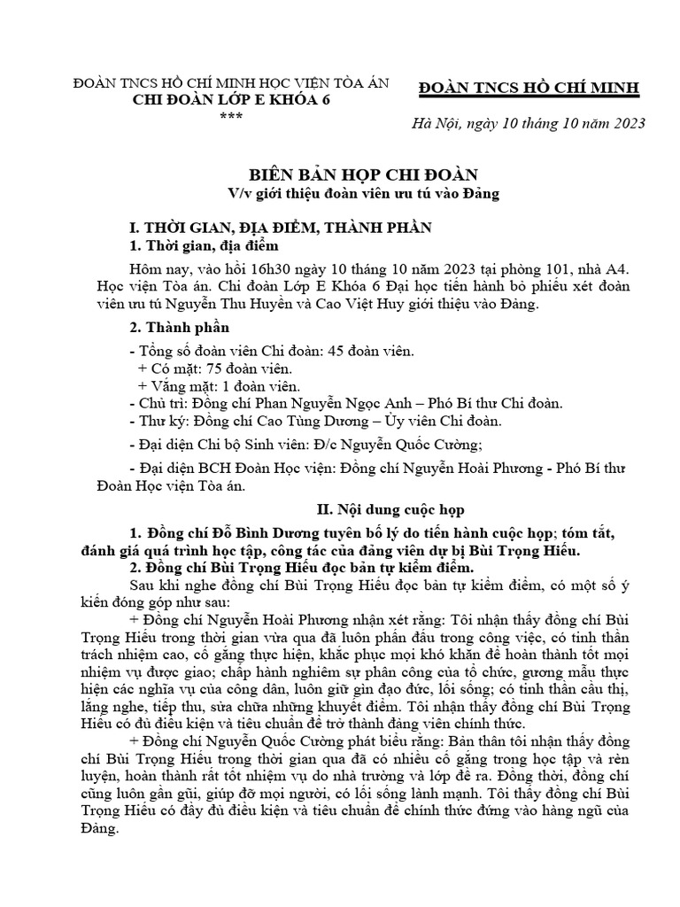 Bien Ban Hop Chi Doan BTH | PDF