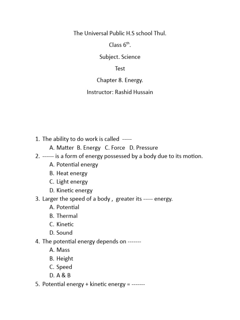 6th Class Test Chap 8 Energy | PDF | Kinetic Energy | Potential Energy