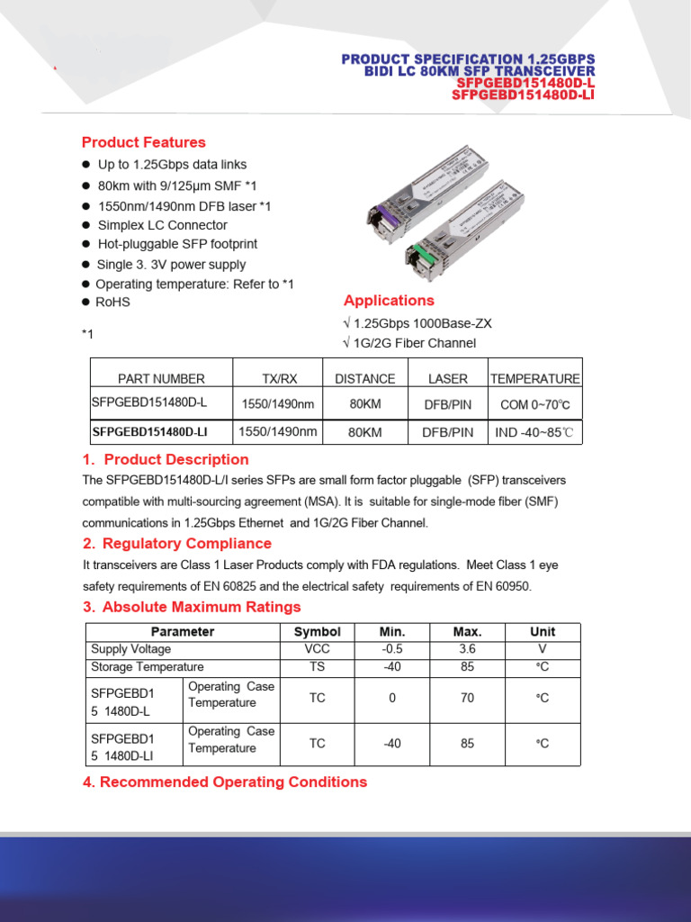 SFP 1.25G Bidi TX15501490NM 80KM LC | PDF | Electronics | Electrical Engineering