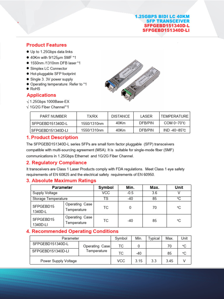 SFP 1.25G Bidi TX15501310NM 40KM LC | PDF | Computer Engineering | Electrical Engineering