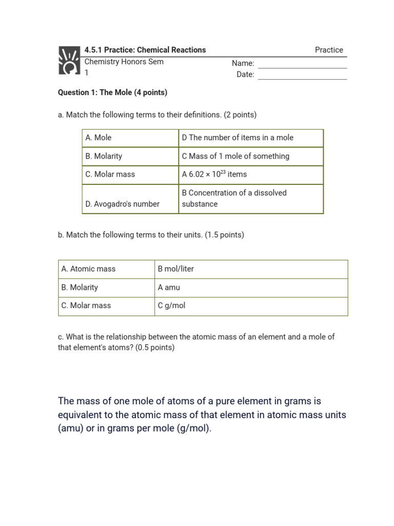 4.5.1 Practice - Chemical Reactions (Practice) | PDF | Mole (Unit ...