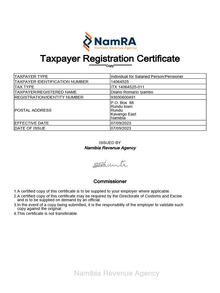 Namibia Taxpayer Registration Certificate | PDF