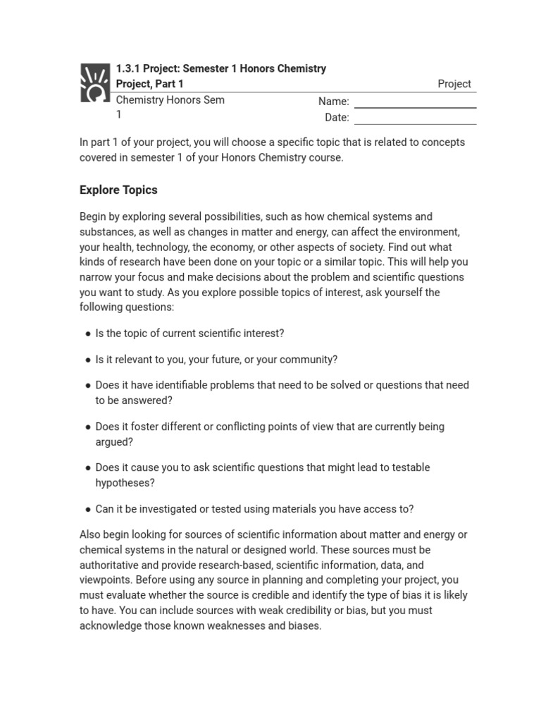 1.3.1 Project - Semester 1 Honors Chemistry Project, Part 1 (Project ...